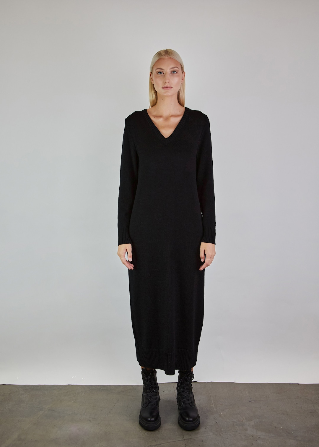 V-neck Merino Wool Dress, Knit Long Wool Dress, Winter Sweater Dress ...