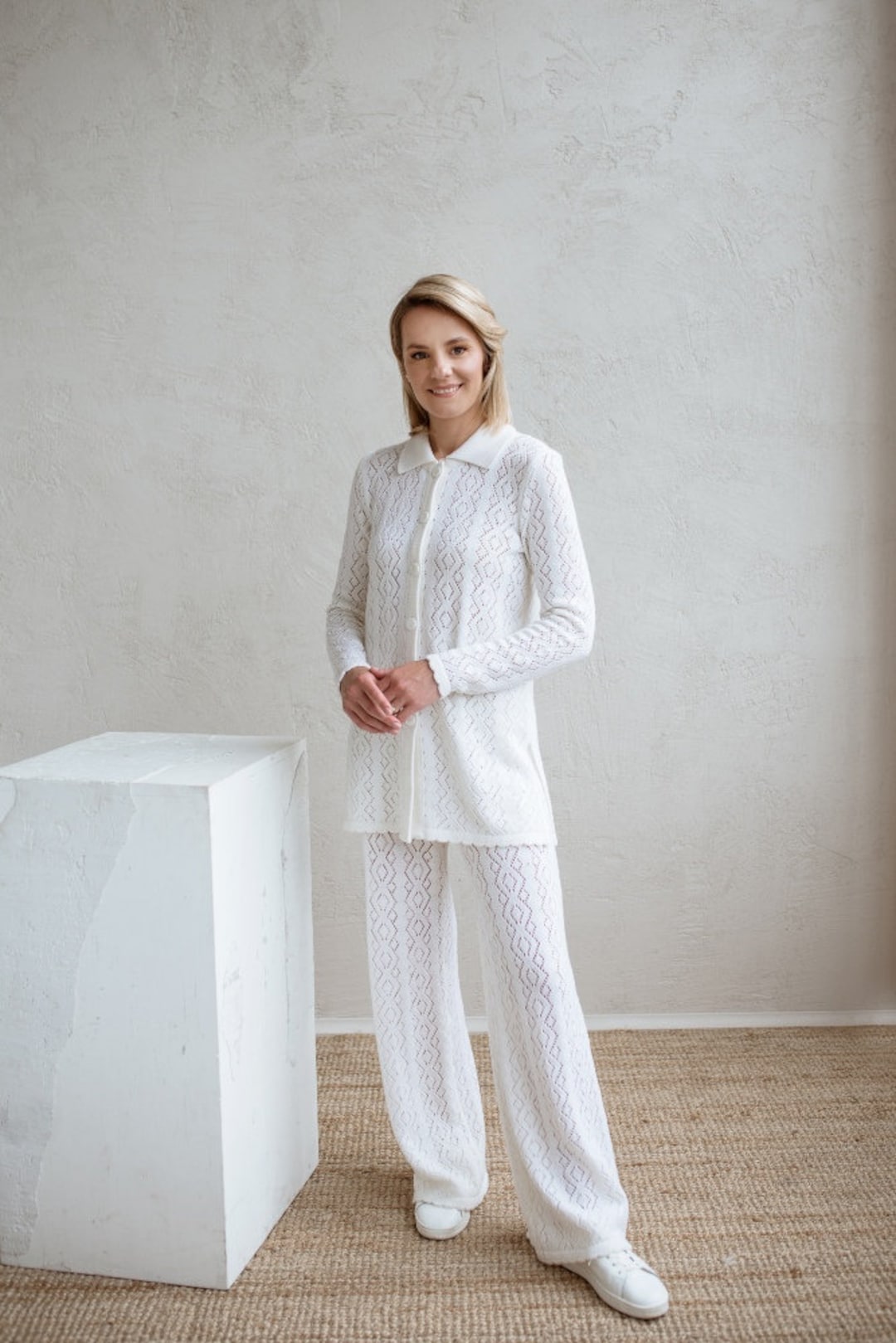 White Merino Wool Set, Knitted Merino Wool Lace Suit, Merino Wool Tunic ...