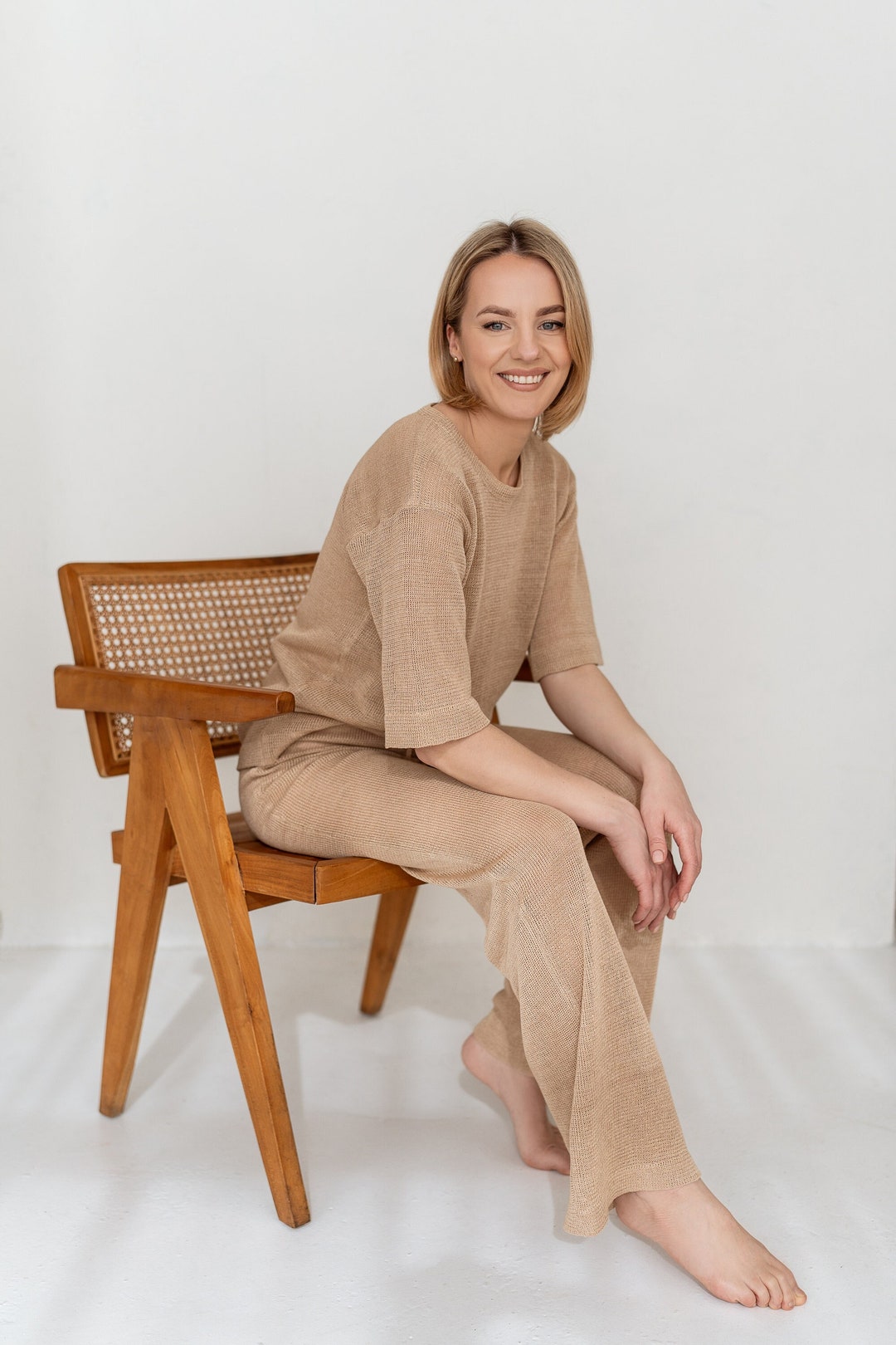 Beige Linen Lounge Set for Women, Minimalist Two-piece Linen Knitted ...