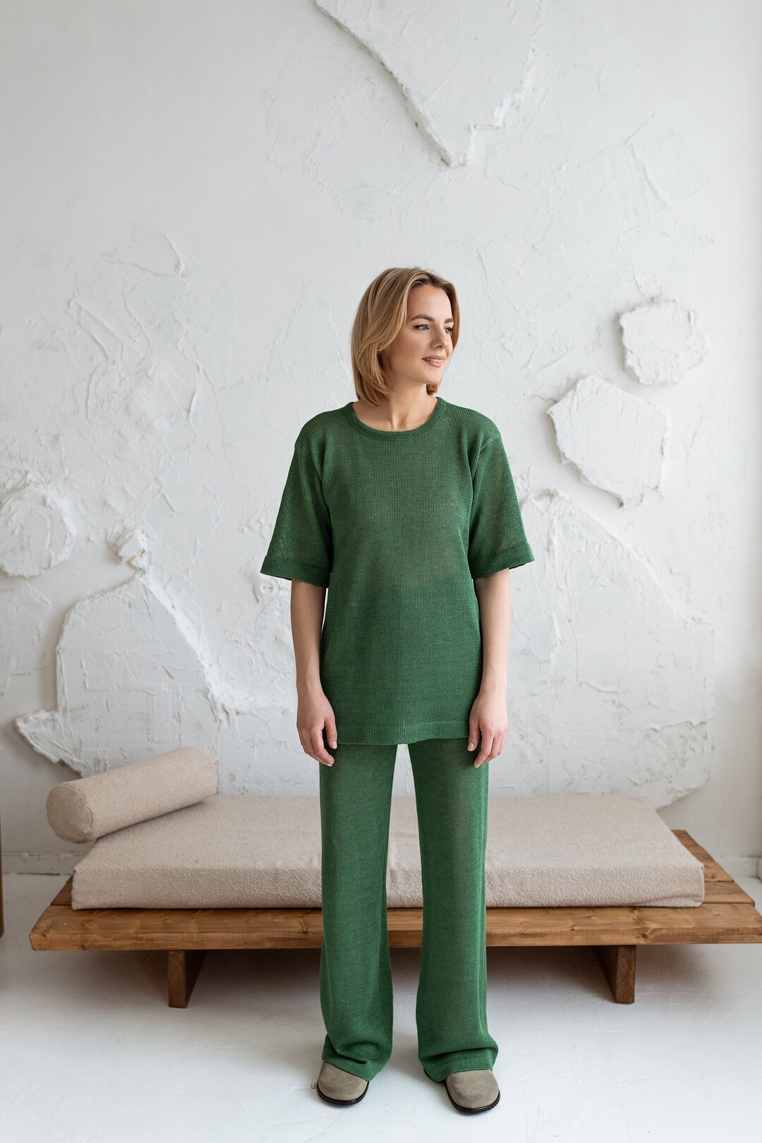 Minimalist Co-ord Linen Knit Set for Women, Monochromatic Linen Pants ...