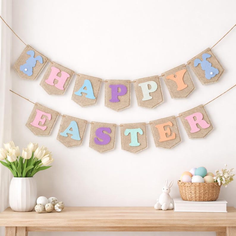 Happy Easter Felt Banner, Easter Bunny Garland, Pastel Spring Decor ...