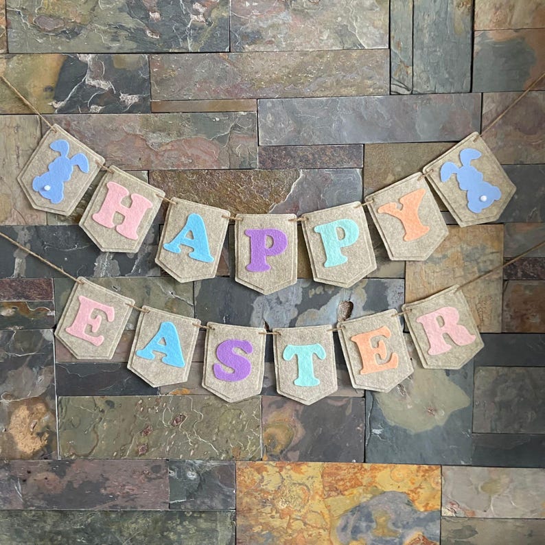 Happy Easter Felt Banner, Easter Bunny Garland, Pastel Spring Decor ...