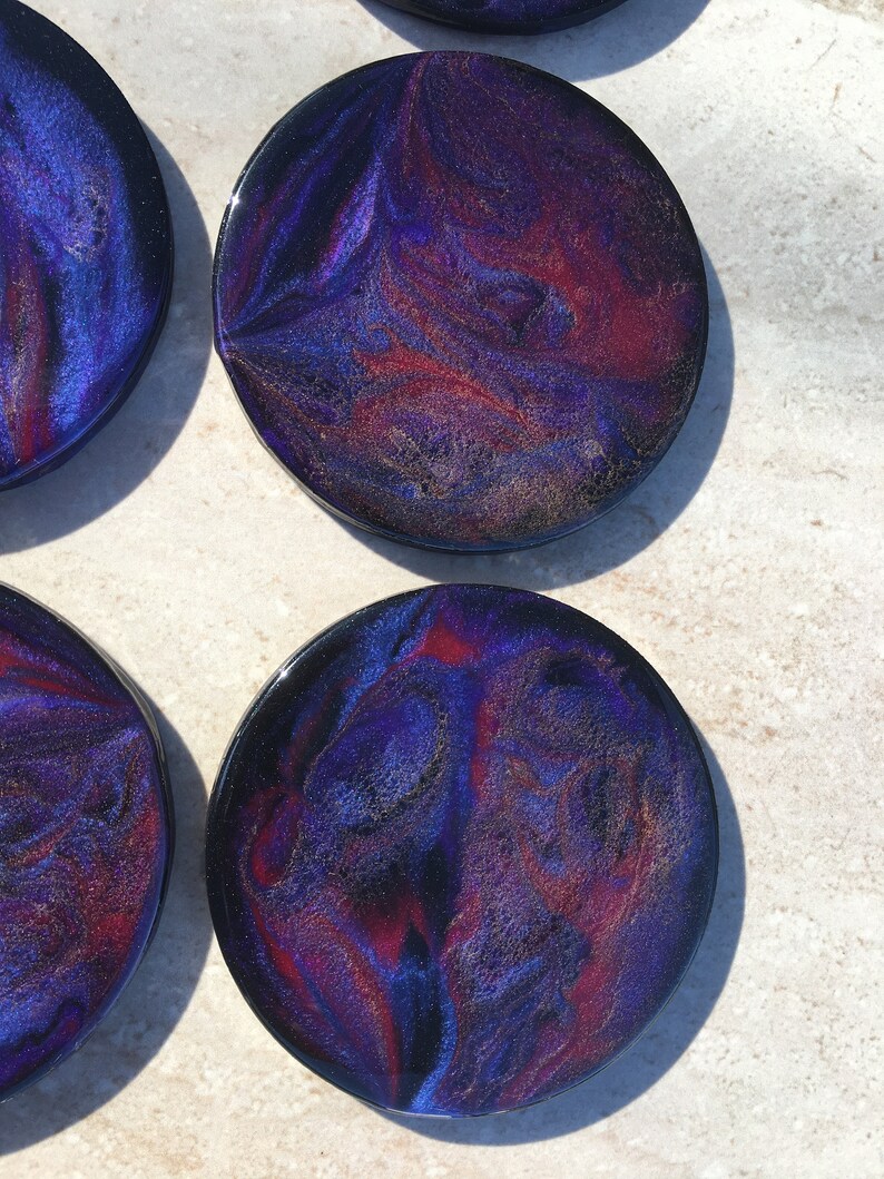 Epoxy Resin Pour Paint Coasters. Purple, Red, Blue and Gold. - Etsy