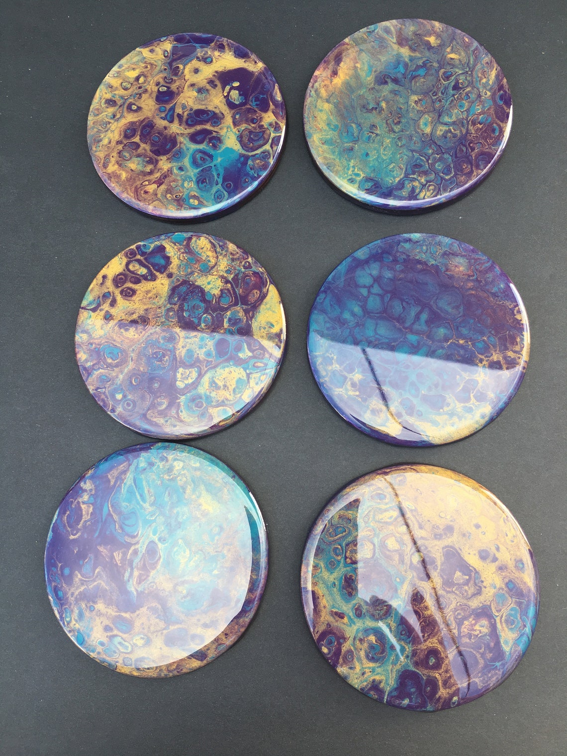 Set of Six Acrylic Paint Coasters Finished in Epoxy Resin. Purple ...