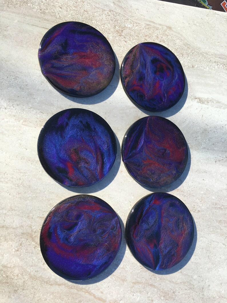 Epoxy Resin Pour Paint Coasters. Purple, Red, Blue and Gold. - Etsy