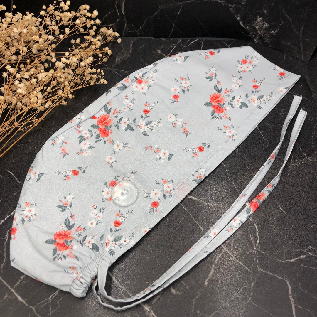 Japanese Flowers Scrub Caps for Women, Gray Minimalist Floral Surgical ...