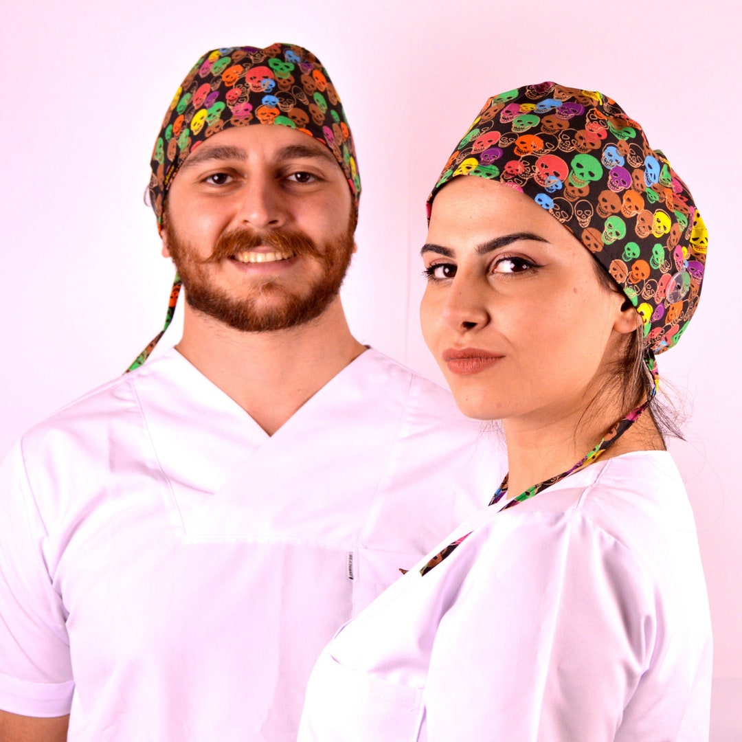 Multicolor Skulls Scrub Caps for Women With Buttons, Black Funny Scrub ...