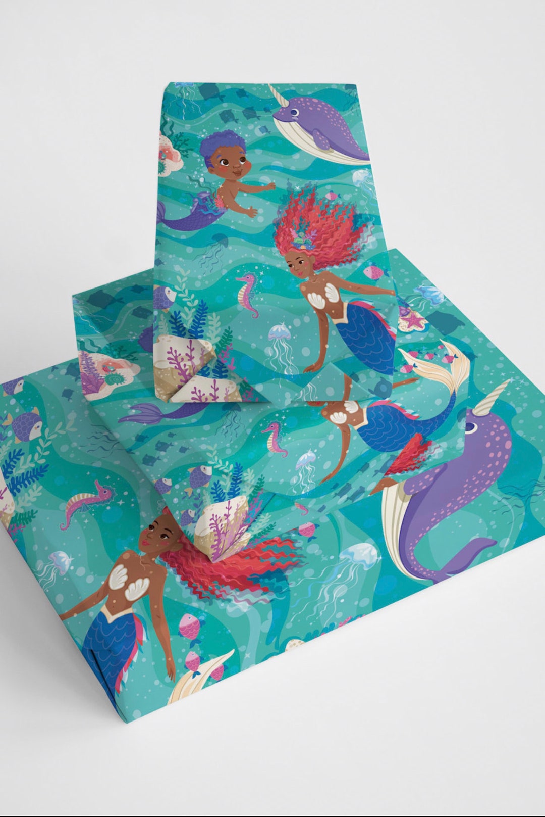 African American Mermaid and Merman Wrapping Paper - Underwater Theme ...