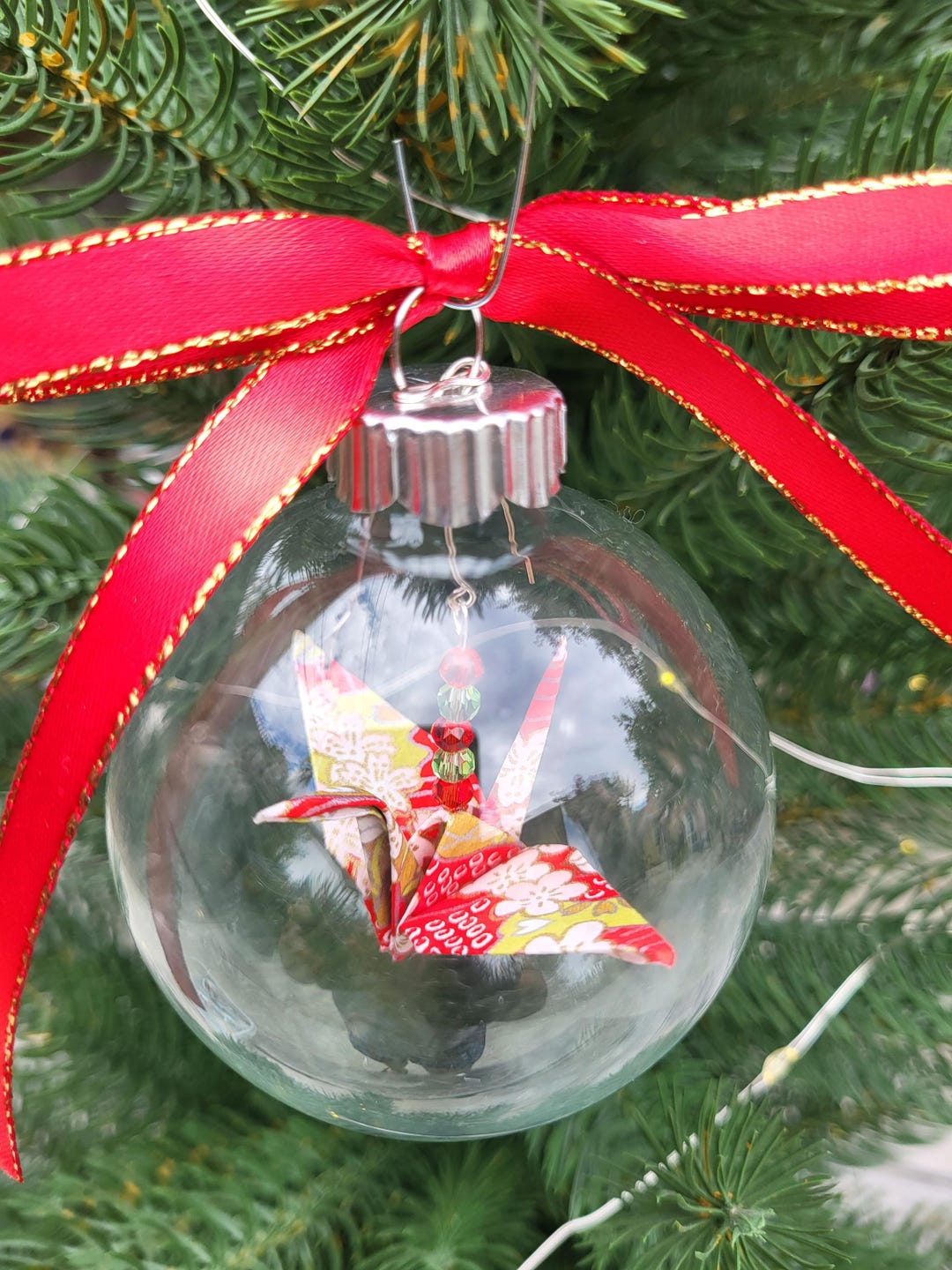 Origami Crane Glass Christmas Ornament • Japanese Chiyogami Paper Crane ...