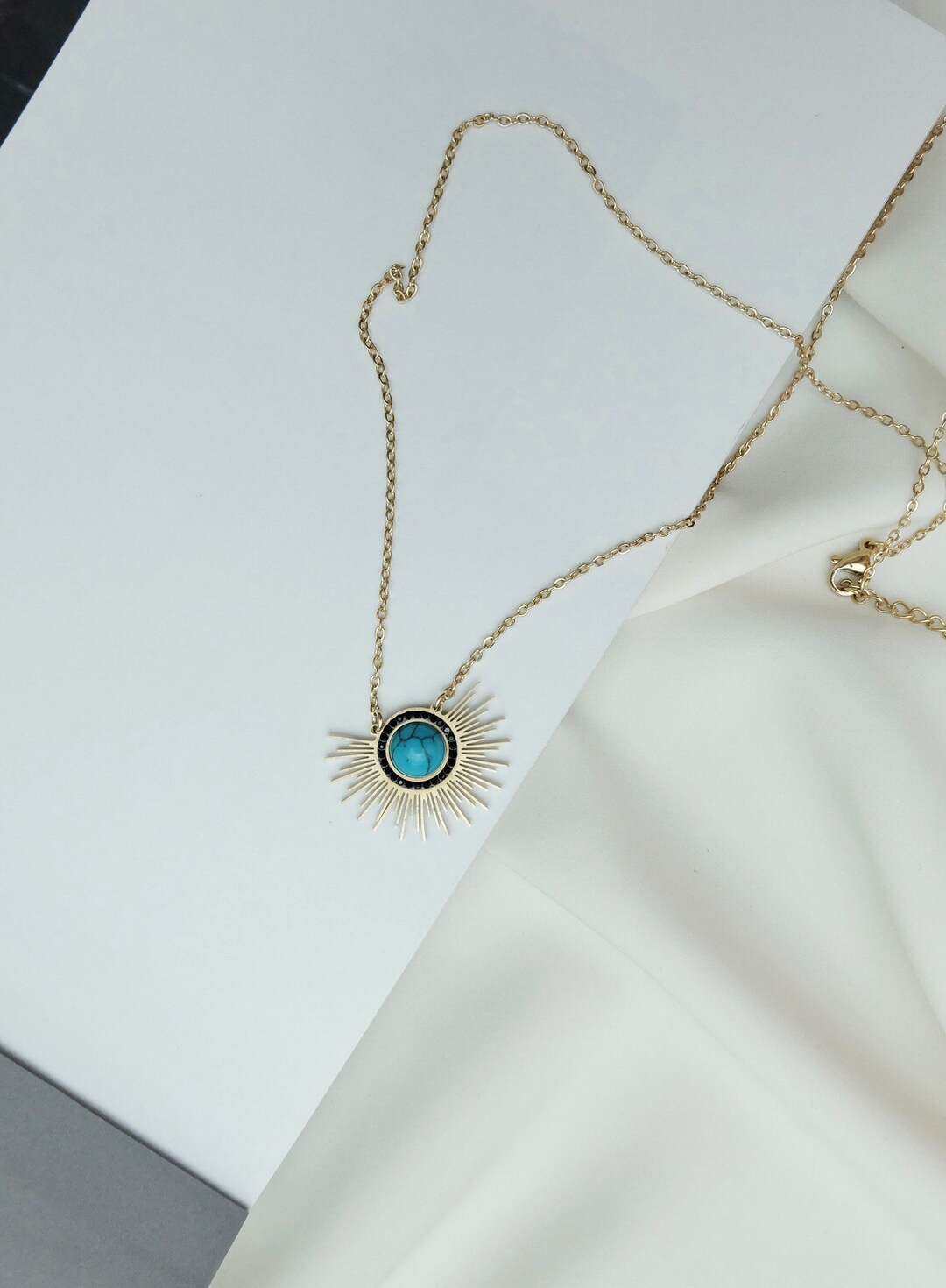 Half Sun Necklace, Turquoise Protection Stone Pendant, Bohemian Sun ...