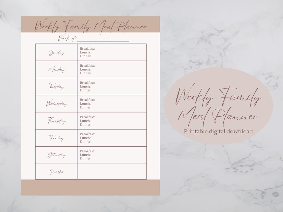 Printable Weekly Family Meal Planner, Digital Meal Planner, Grocery ...