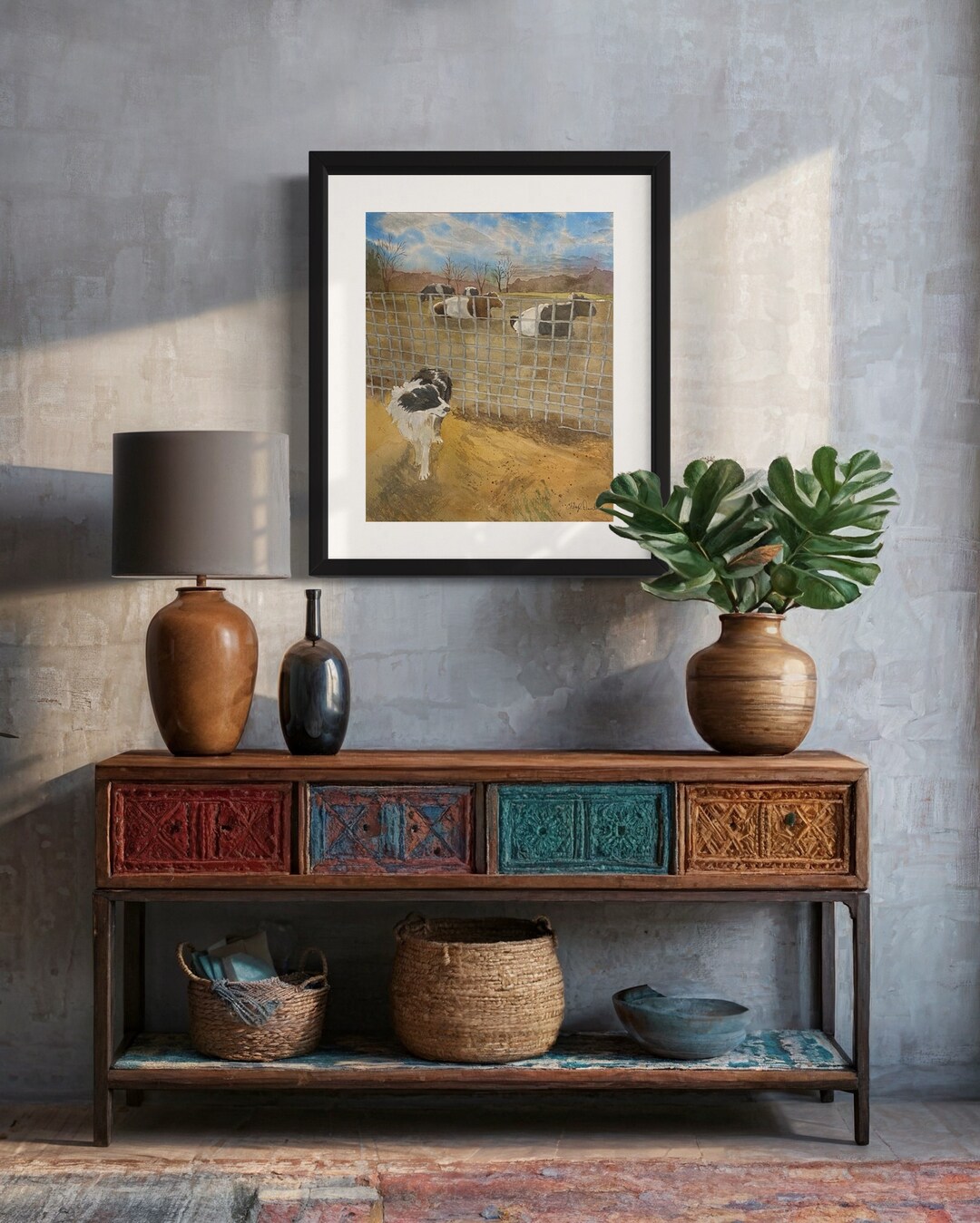 Border Collie Watercolor Painting Dog and Cows Watercolor Print Farm ...