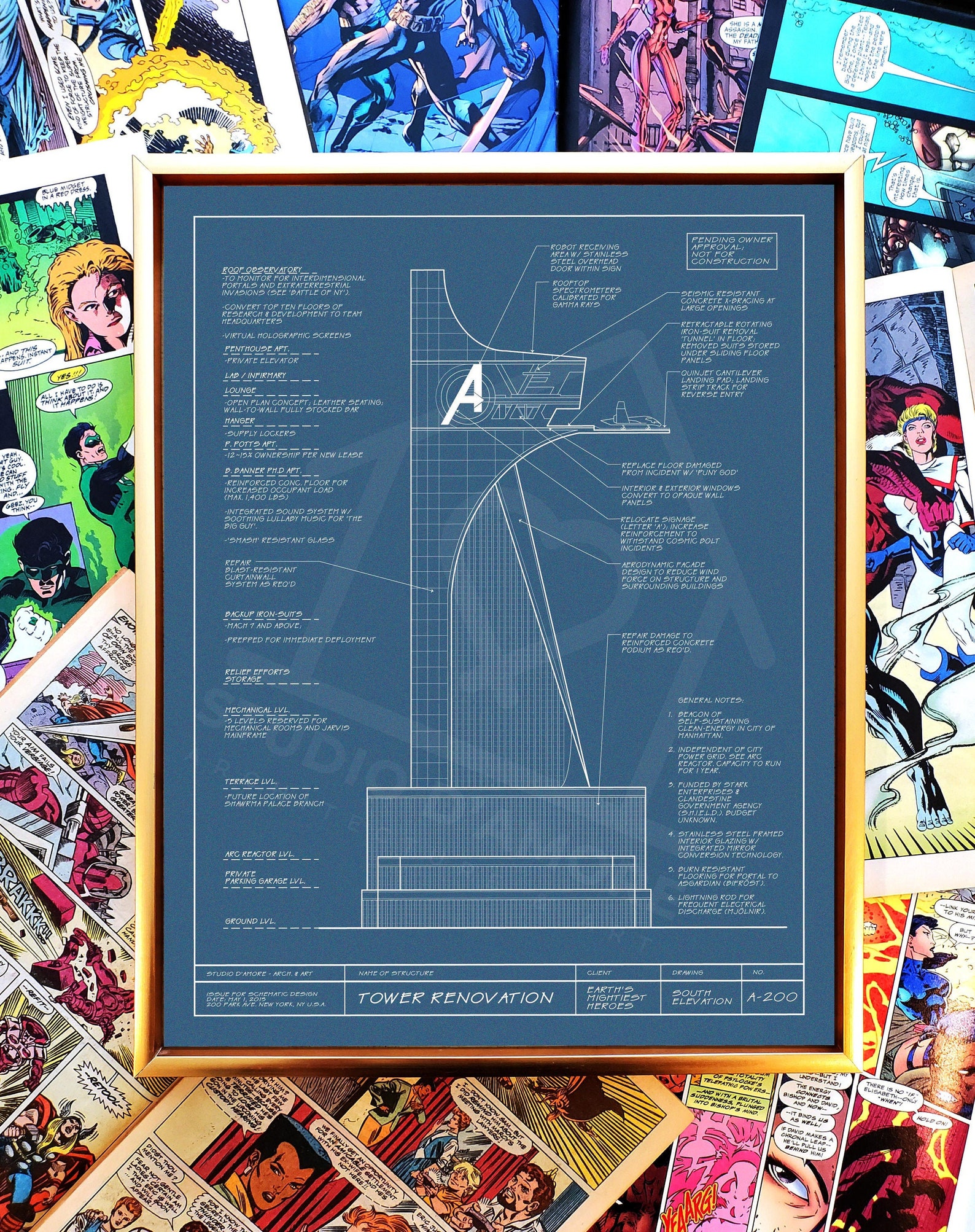 Avengers Tower Inspired Architectural Art Blue Print, Avengers Art ...