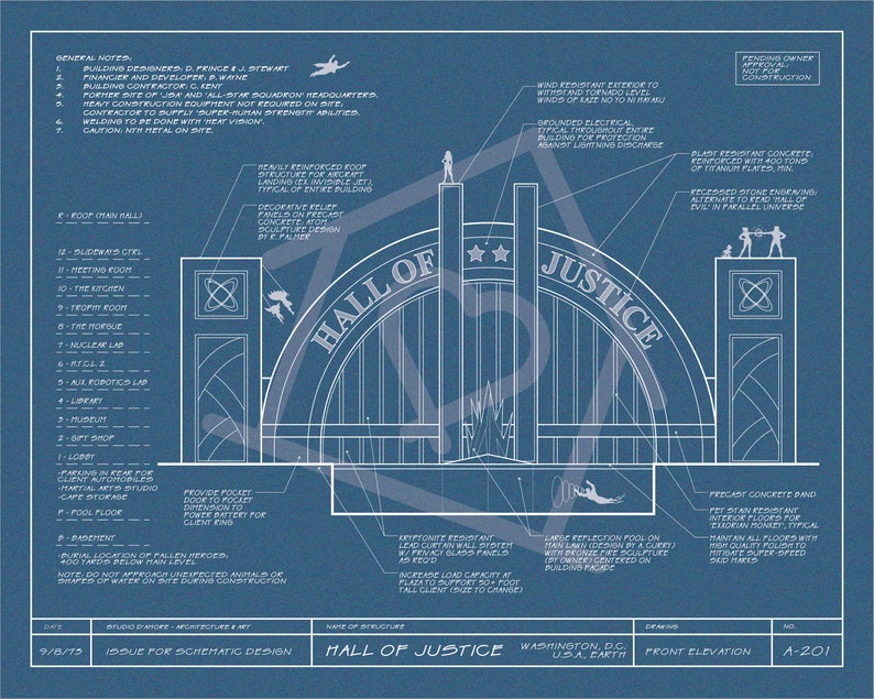 Hall of Justice Inspired Architectural Art Blueprint, Justice League ...