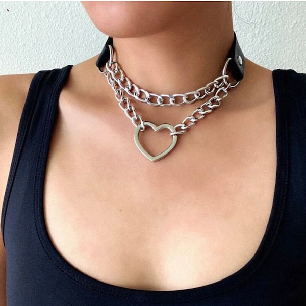 Leather Heart Choker Etsy