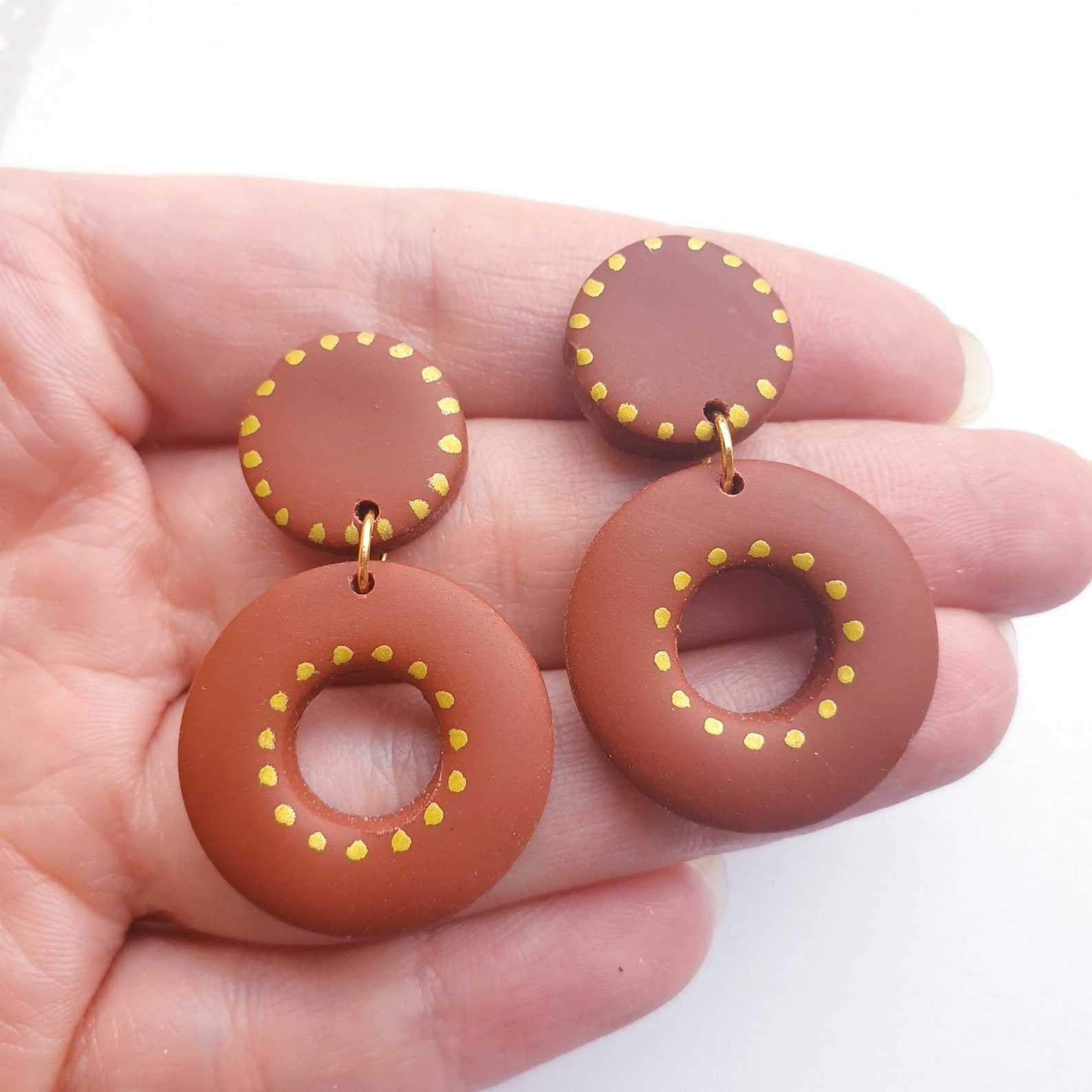 Maroon Circle Donut Dangle Earrings With Golden Painted Detail - Etsy