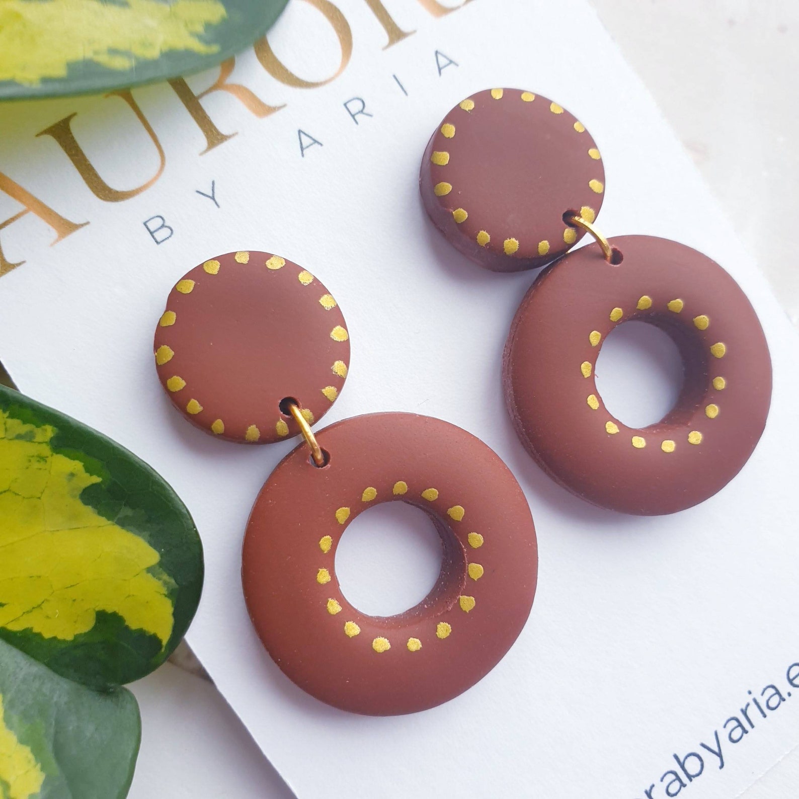 Maroon Circle Donut Dangle Earrings With Golden Painted Detail - Etsy