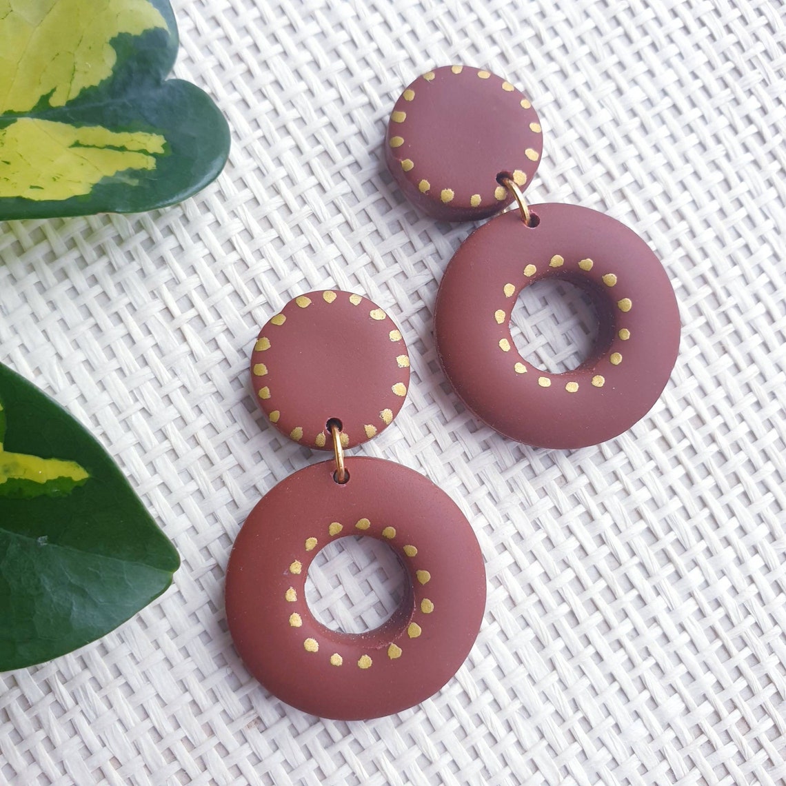 Maroon Circle Donut Dangle Earrings With Golden Painted Detail - Etsy