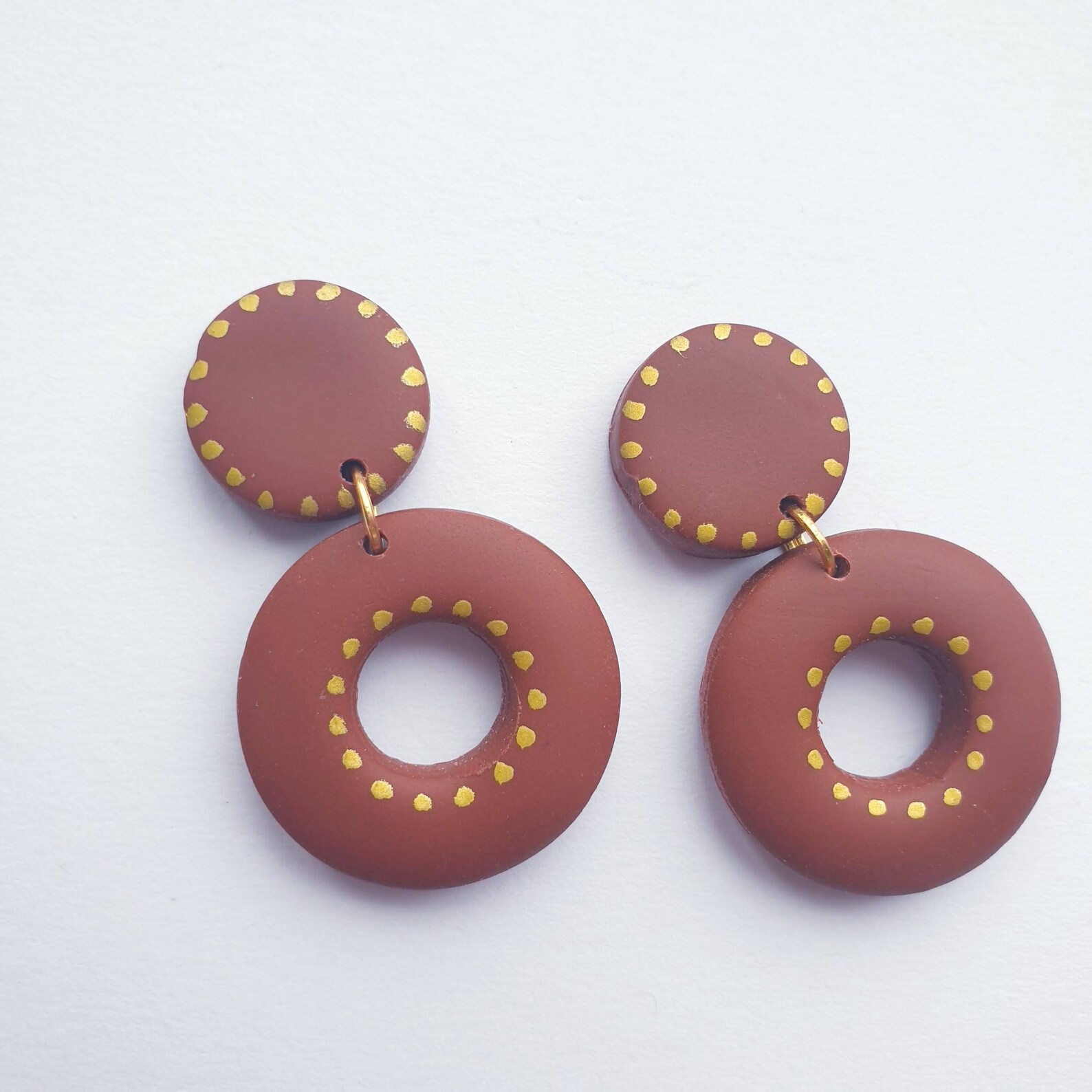 Maroon Circle Donut Dangle Earrings With Golden Painted Detail - Etsy