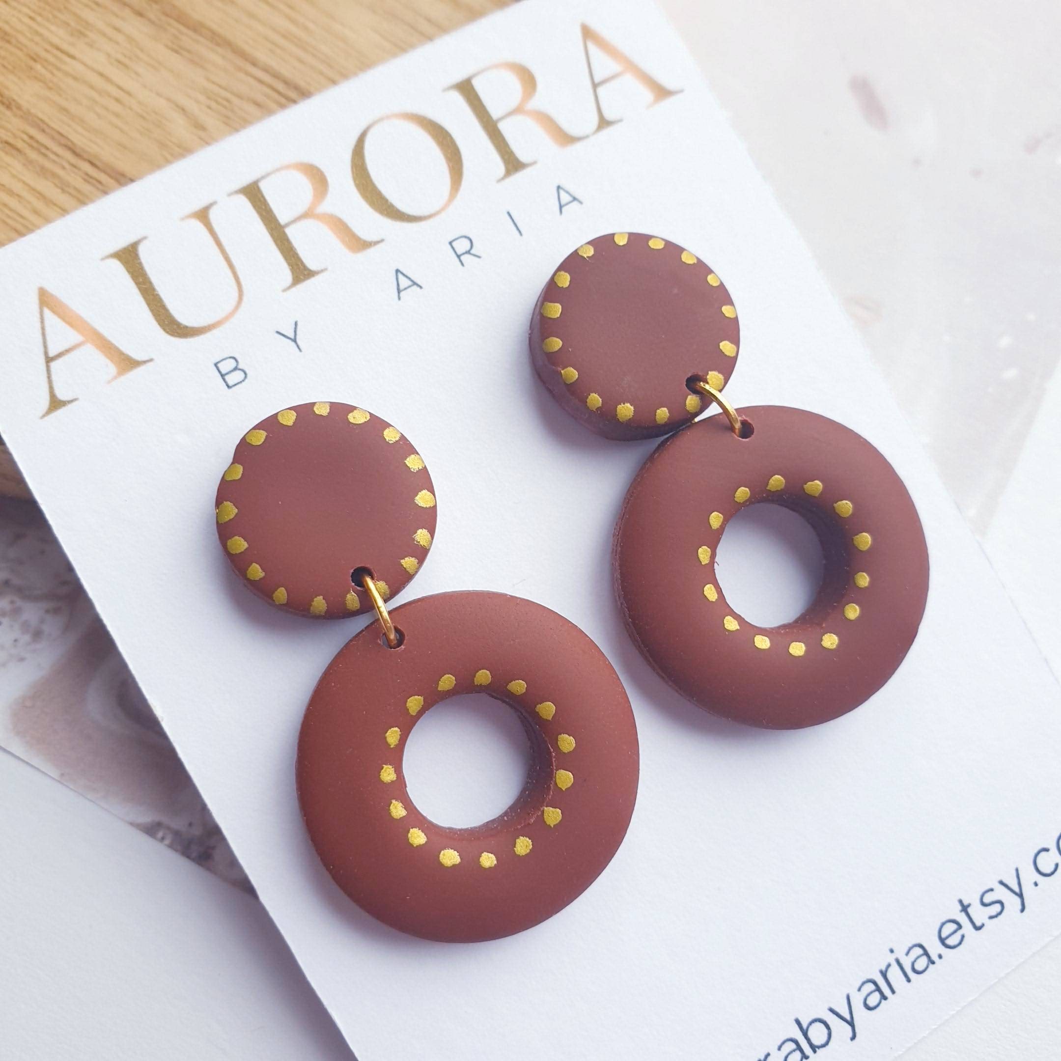 Maroon Circle Donut Dangle Earrings With Golden Painted Detail - Etsy