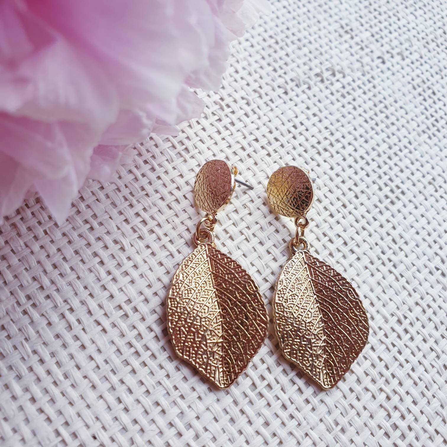 Leaf Earrings Nature Inspired Jewellery Brass Dangle Studs - Etsy