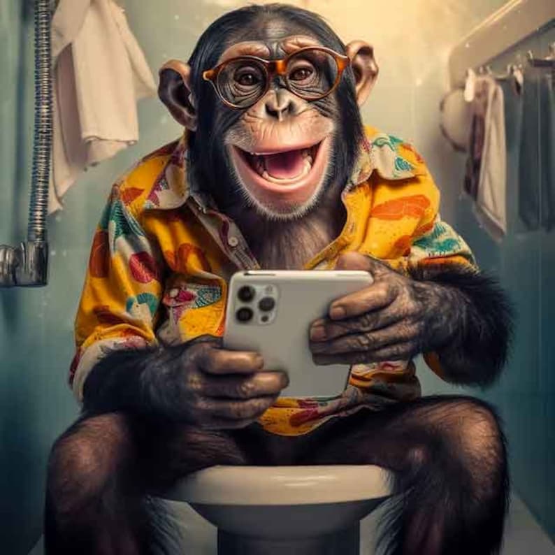 Monkey on the Toilet With Iphone, Funny Print for the Bathroom, Affiche ...