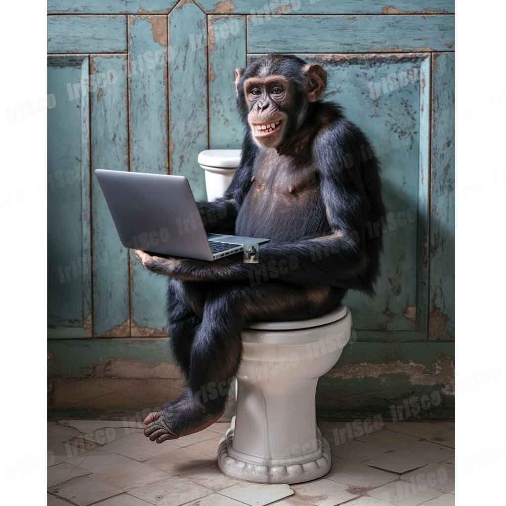 Monkey With Laptop in Toilet, Funny Bathroom Print, Toilet Poster ...