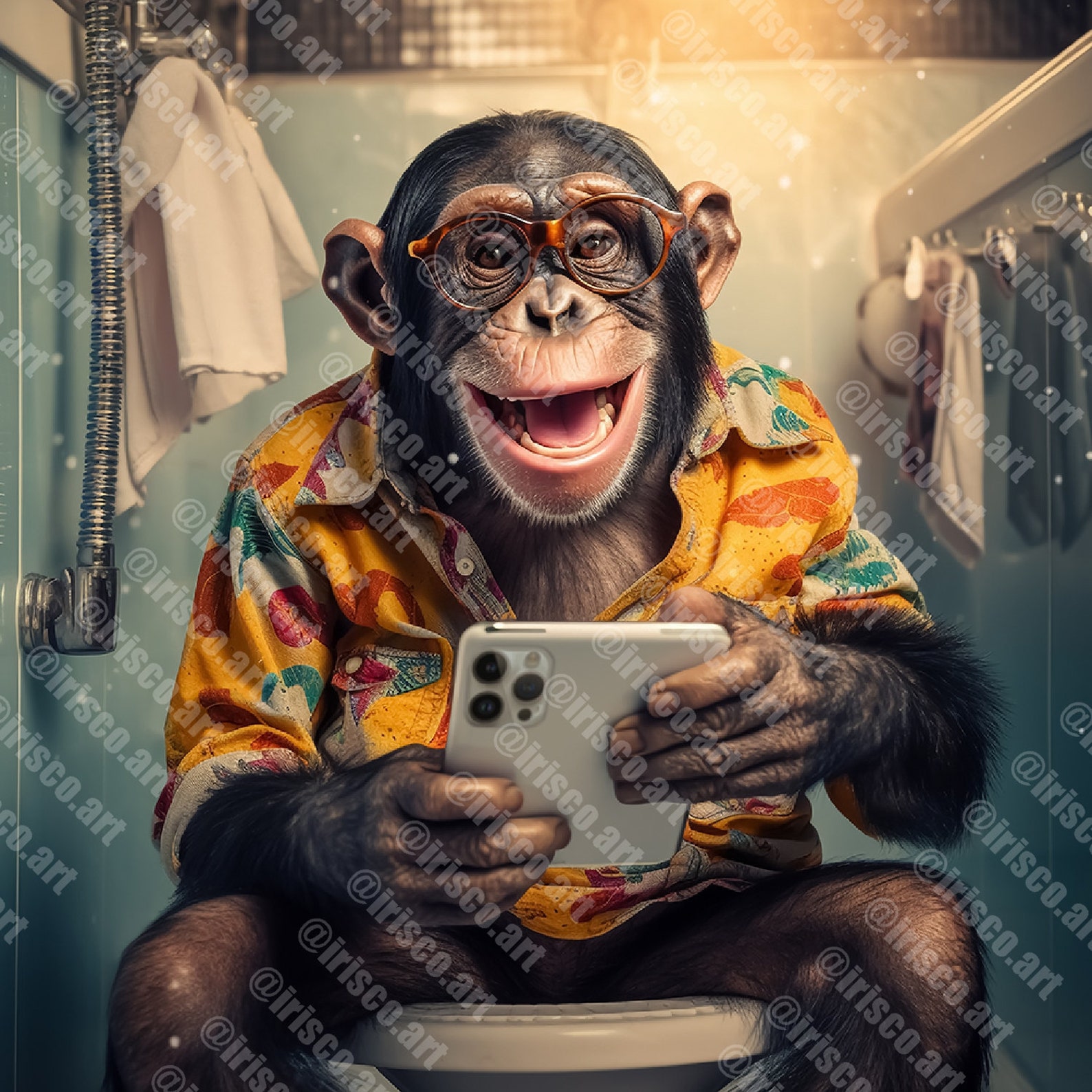 Monkey on the Toilet With Iphone, Funny Print for the Bathroom, Affiche ...