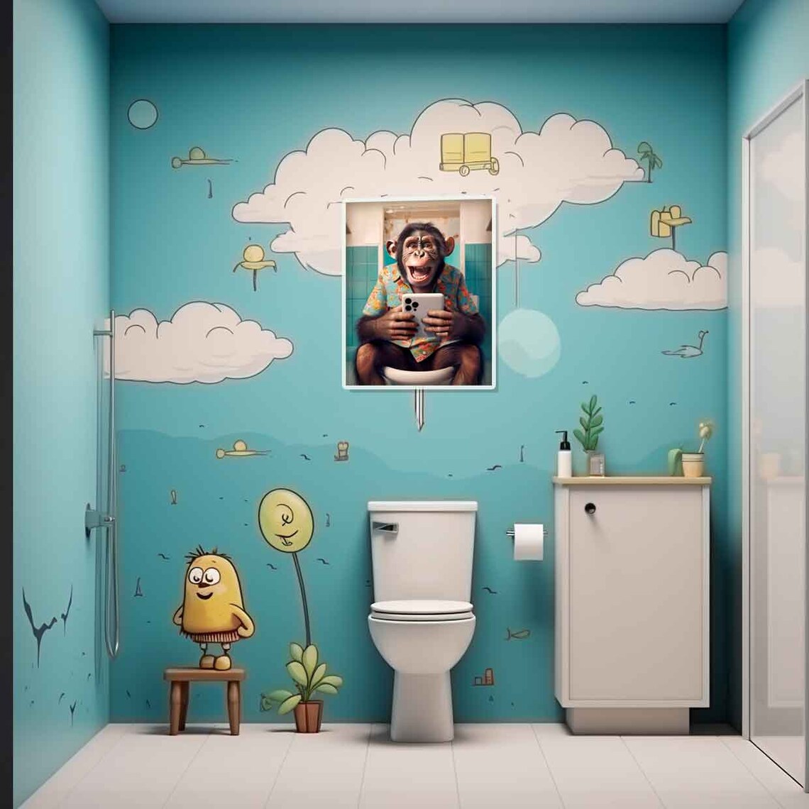 Monkey on the Toilet, Funny Print for the Bathroom, Toilet Poster ...