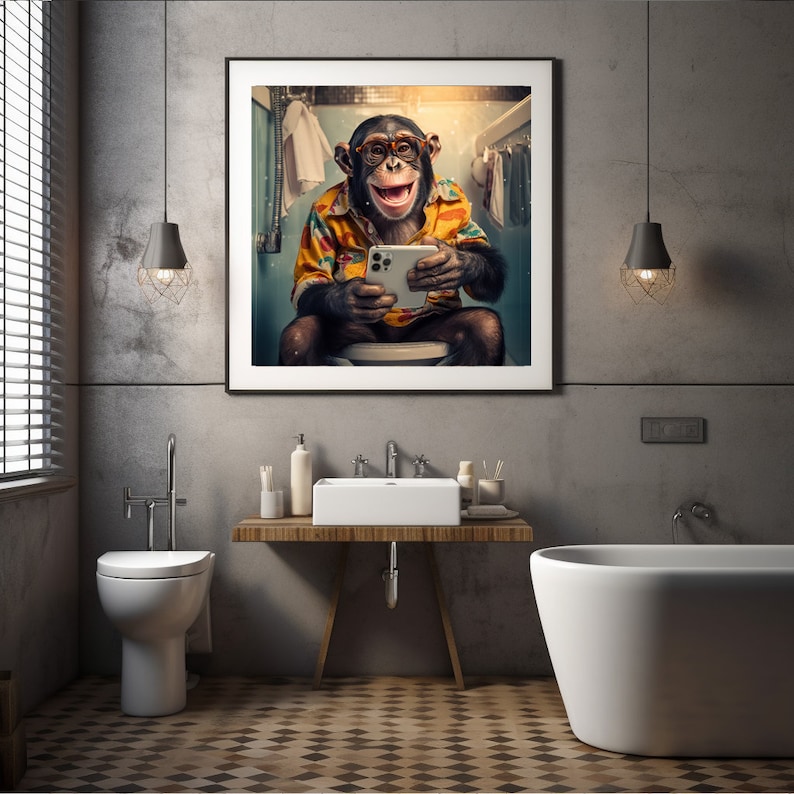 Monkey on the Toilet With Iphone, Funny Print for the Bathroom, Affiche ...