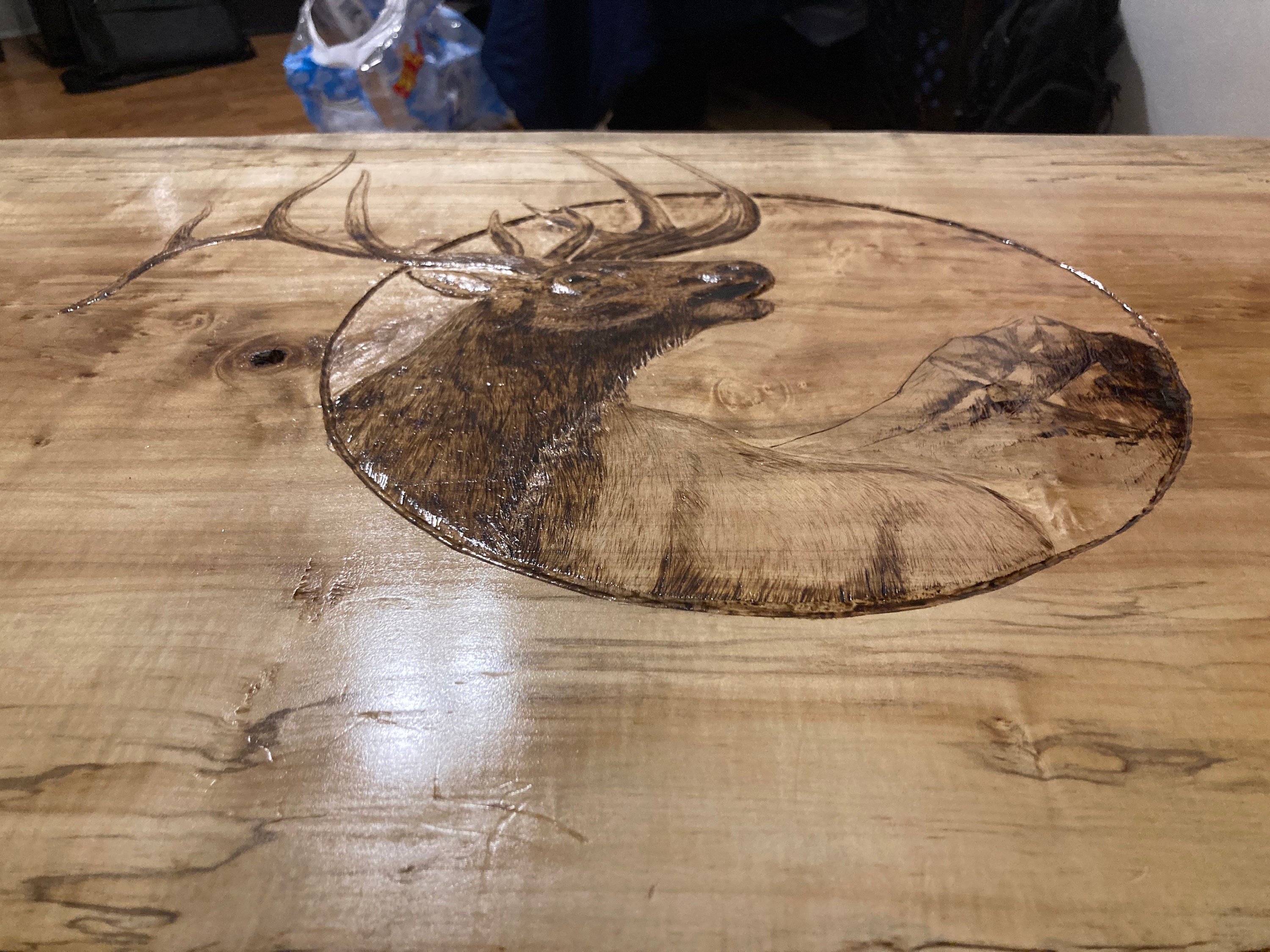Live Edge Maple Coffee Table With Elk Carved and Burned Into Surface - Etsy