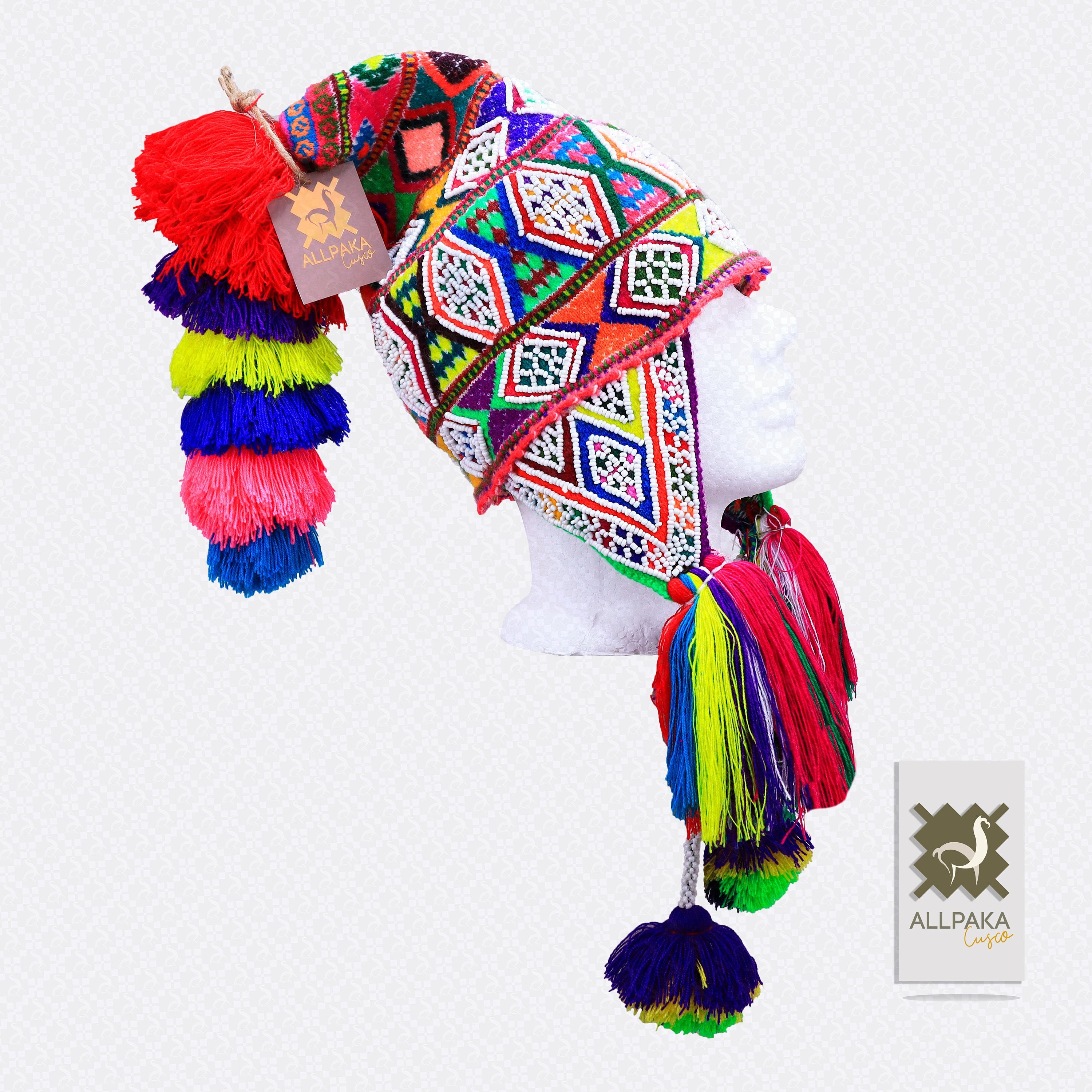 Beaded Shaman Ch'ullo Peru Winter Hat Colorful Pom Poms - Etsy