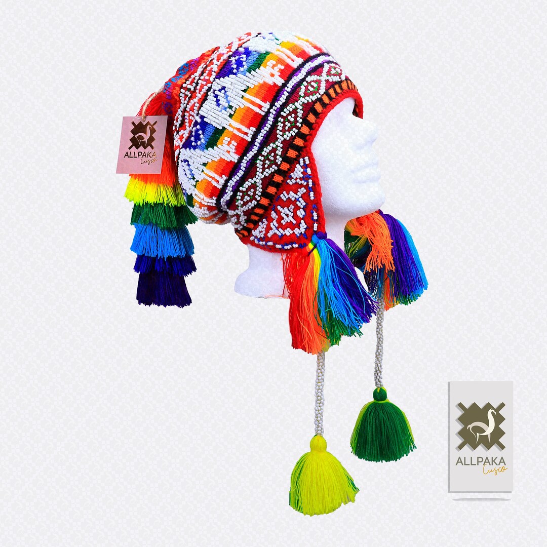 Beaded Shaman Ch'ullo Peru Winter Hat Colorful Pom Poms Tassels ...