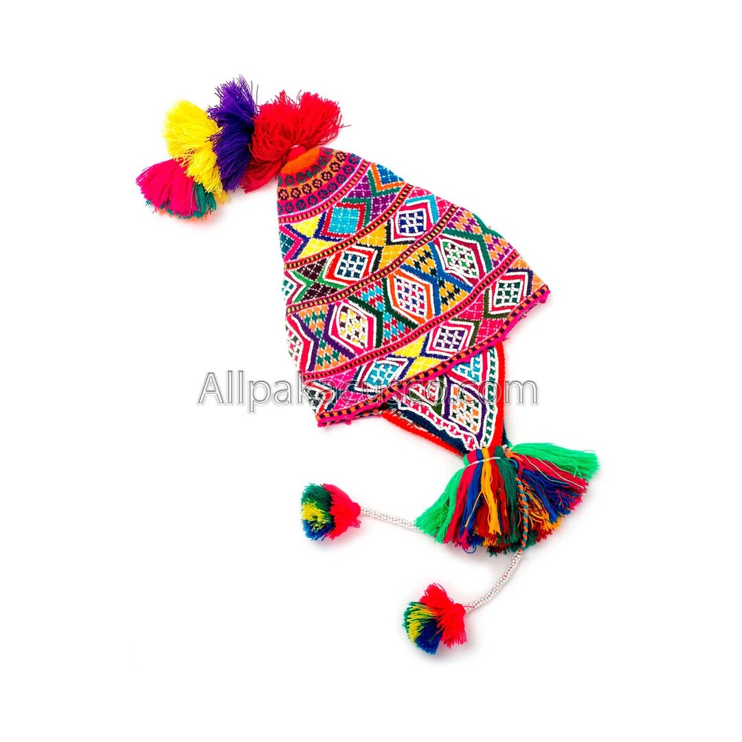 Q'ero Andean Ch'ullo Cap - Beaded, Ceremonial/colorful Chullo Pom Pom ...