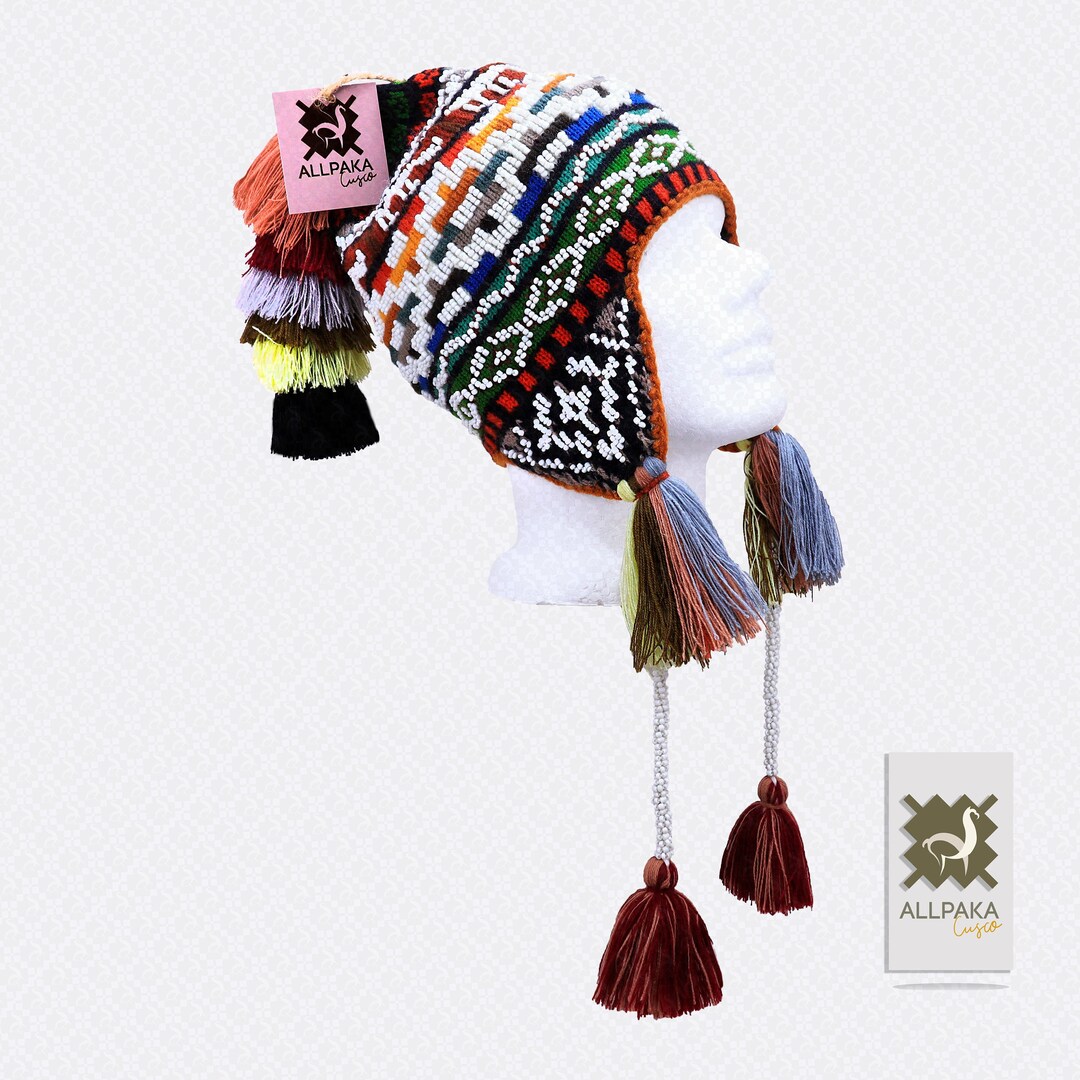 Beaded Shaman Ch'ullo Peru Winter Hat Colorful Pom Poms Tassels ...