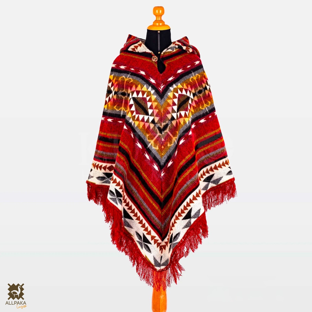 Alpaca Poncho With Hood. Geometric Ecuadorian Poncho. Red Triangle ...