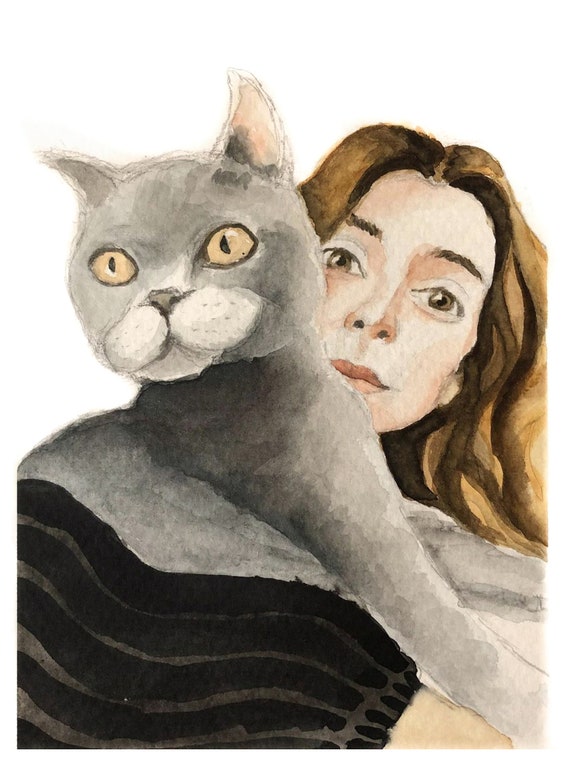Watercolor Cat owner portrait pet and owner portrait cutom watercolor ...