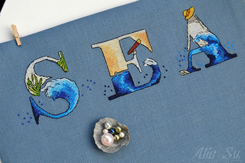 Sea ABCD.... DMC Cross Stitch Chart Needlepoint Pattern Embroidery ...