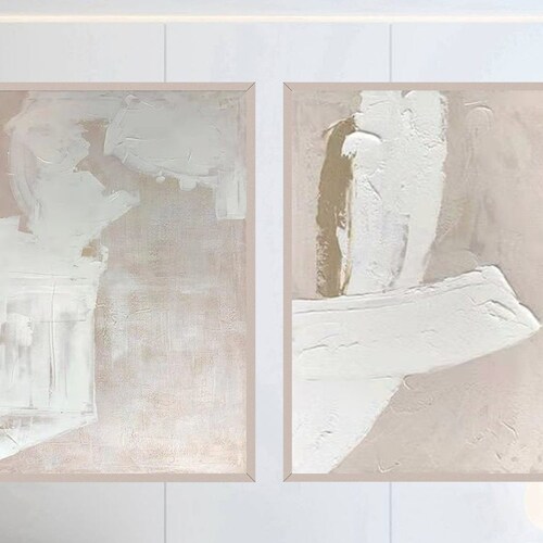 White Minimalist Painting Large Canvas Wall Art Set of 2 | Etsy