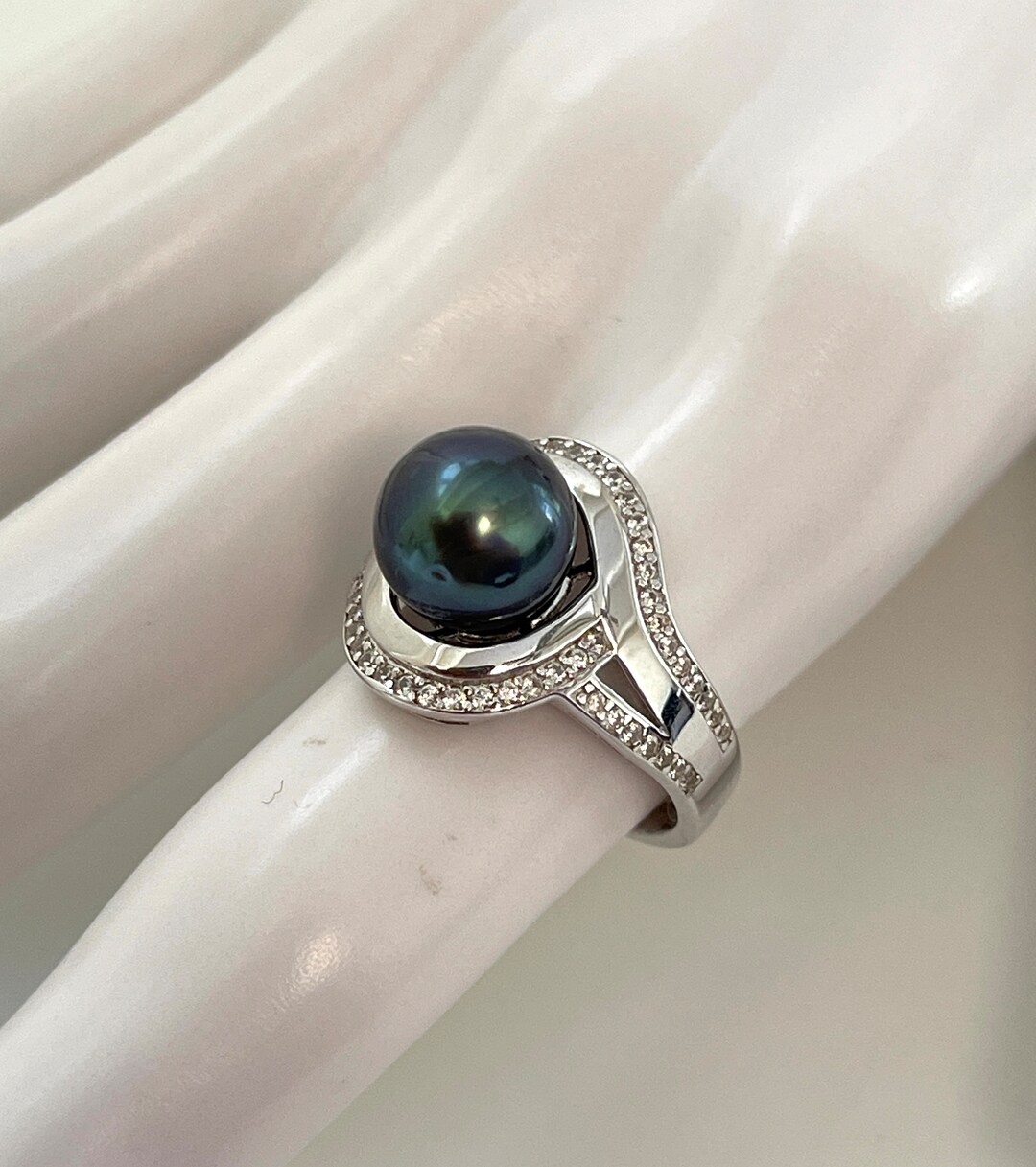 9.5mm Rare Natural Color Midnight Blue Tahitian Cultured Pearl Ring ...
