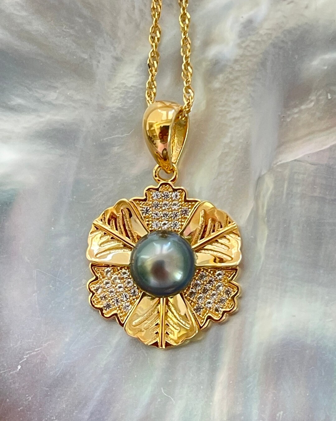 Natural Color Peacock 7.5mm Tahitian Cultured Pearl Pendant With White ...