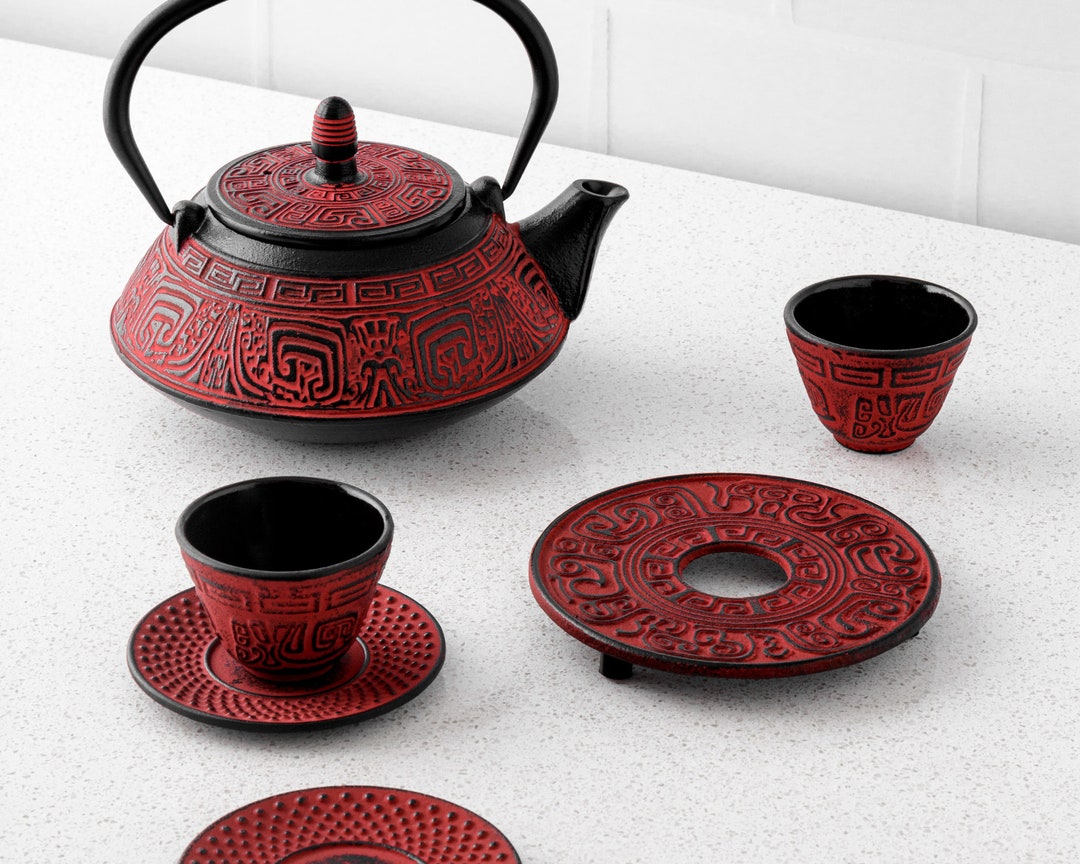 Cast Iron Teapot Set Red - Etsy