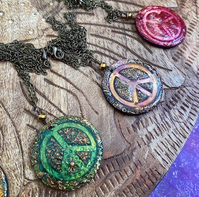 Boho Peace Sign Clay Handmade + Hand Painted Adjustable Necklace - Etsy