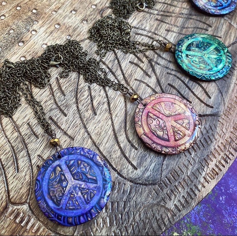 Boho Peace Sign Clay Handmade + Hand Painted Adjustable Necklace - Etsy