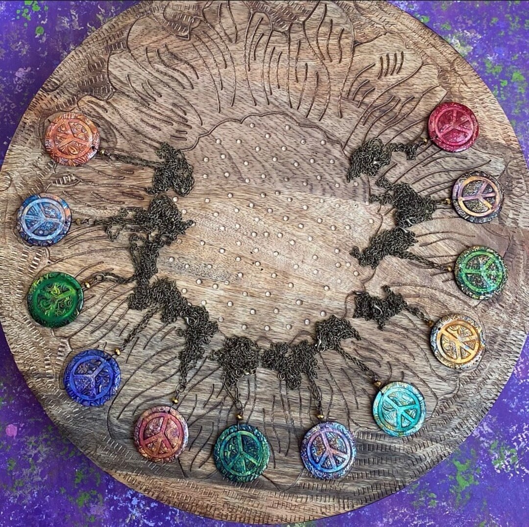 Boho Peace Sign Clay Handmade + Hand Painted Adjustable Necklace - Etsy