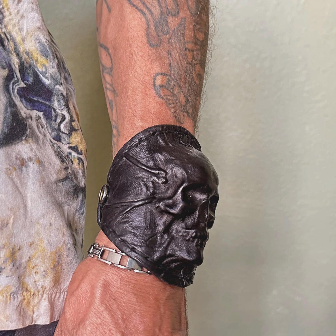 Made to Order Handcrafted Genuine Black Vegetal Leather Embossed Skull ...