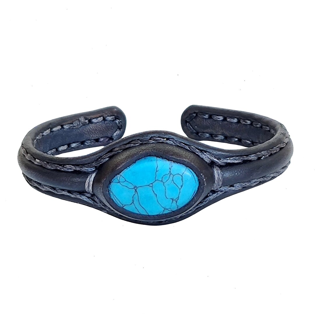 Handcrafted Genuine Vegetal Black Leather Bracelet With Firuze Stone ...