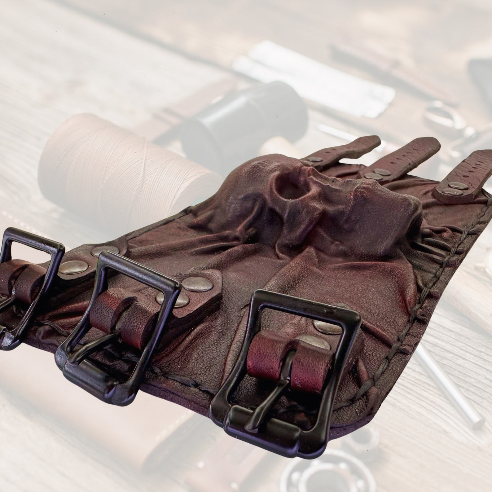 MADE TO Order-handcrafted Genuine Leather Maroon Skull Design Cuff ...