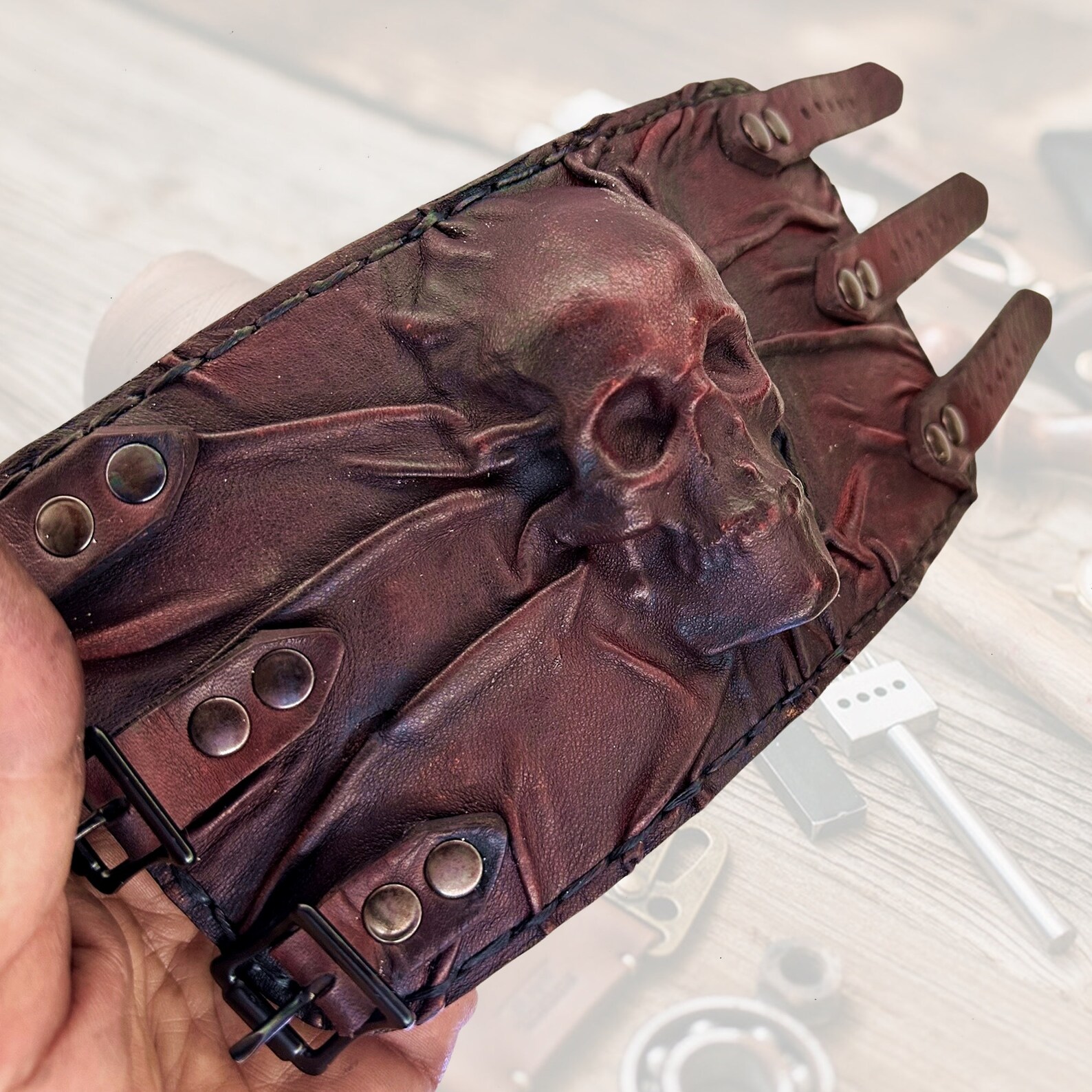 MADE TO Order-handcrafted Genuine Leather Maroon Skull Design Cuff ...