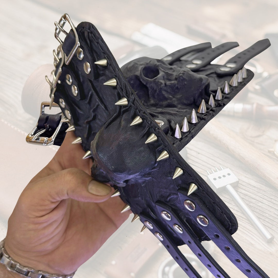 Made to Order-handcrafted Genuine Black Leather Embossed Skull Design ...